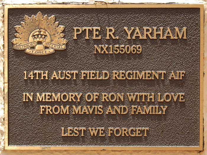 Yarham, Pte R. - Kokoda Track Memorial Walkway